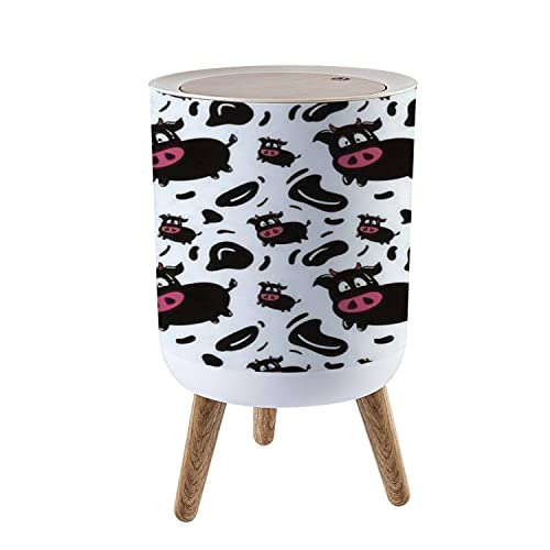 Round Trash Can with Press Lid Seamless black pig pink nose cartoon isolated white textile fabric Small Garbage Can Trash Bin Dog-proof Trash Can Wooden Legs Waste Bin Wastebasket 7L/1.8 Gallon