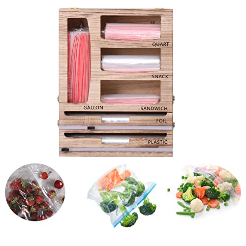 Food Container Sets, wooden zipper bag organizer and pack, dispenser with cutter, Food Storage Bag Holders Compatible With Wrap, Wax, Foil,