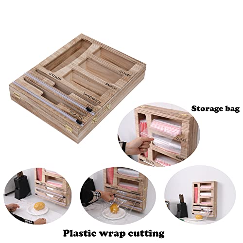 Food Container Sets, wooden zipper bag organizer and pack, dispenser with cutter, Food Storage Bag Holders Compatible With Wrap, Wax, Foil,