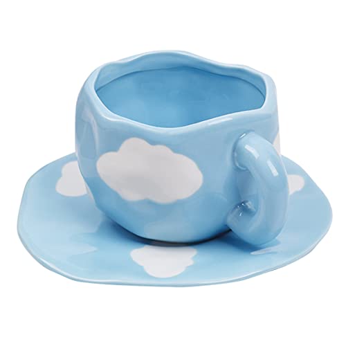 Koythin Ceramic Coffee Mug with Saucer Set, Cute Creative Cup Unique Irregular Design for Office and Home, Dishwasher and Microwave Safe, 10oz/300ml for Latte Tea Milk (Blue Sky and White Clouds)