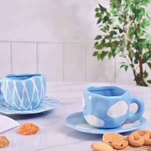 Koythin Ceramic Coffee Mug with Saucer Set, Cute Creative Cup Unique Irregular Design for Office and Home, Dishwasher and Microwave Safe, 10oz/300ml for Latte Tea Milk (Blue Sky and White Clouds)