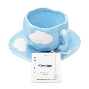 Koythin Ceramic Coffee Mug with Saucer Set, Cute Creative Cup Unique Irregular Design for Office and Home, Dishwasher and Microwave Safe, 10oz/300ml for Latte Tea Milk (Blue Sky and White Clouds)