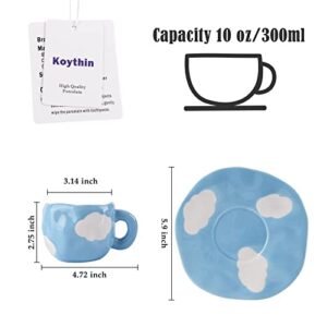 Koythin Ceramic Coffee Mug with Saucer Set, Cute Creative Cup Unique Irregular Design for Office and Home, Dishwasher and Microwave Safe, 10oz/300ml for Latte Tea Milk (Blue Sky and White Clouds)