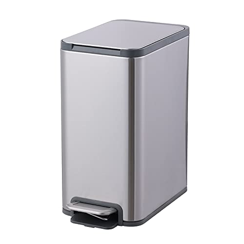 ELPHECO 1.3 Gallon / 5 Liter Rectangular Step Trash Can with Plastic Inner Buckets, Brushed Stainless Steel Narrow Bathroom Trash Can with Lid, Slim Bathroom Wastebasket with Foot Pedal, Brushed Silver