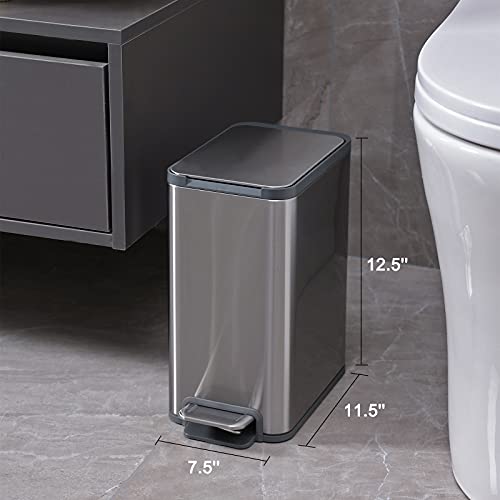 ELPHECO 1.3 Gallon / 5 Liter Rectangular Step Trash Can with Plastic Inner Buckets, Brushed Stainless Steel Narrow Bathroom Trash Can with Lid, Slim Bathroom Wastebasket with Foot Pedal, Brushed Silver