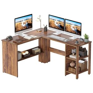 cubicubi l shaped desk, 58.3 inch corner computer desk with storage shelves, home office workstation for study or working, deep brown