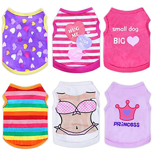 DegGod 6 Pieces Dog Shirts for Small Medium Dogs, Breathable Pet Printed Vest Clothes Summer Dog Clothing Pullover Soft T Shirt for Girl Puppy Chihuahua Christmas New Year Apparel (Pink, L)