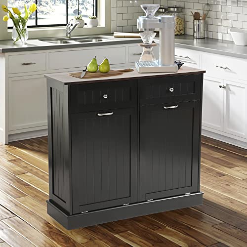 KIGOTY Dual Kitchen Trash Cabinet, Double Tilt Out Trash Can Cabinet with Countertop and Drawer, Free-Standing Pet Proof Recycling Cabinet Garbage Can Holder (Black)