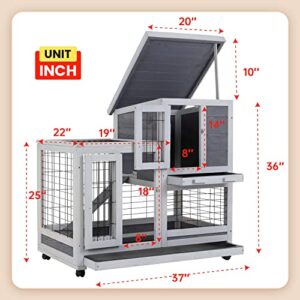 Rabbit Hutch Indoor and Outdoor Rabbit Cage 37 Inch Wide Wooden Hutch House Guinea Pig Cage with Wheels Rolling Large Hutch Cage,Grey