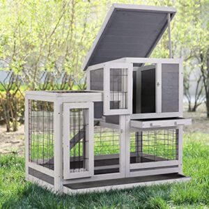 Rabbit Hutch Indoor and Outdoor Rabbit Cage 37 Inch Wide Wooden Hutch House Guinea Pig Cage with Wheels Rolling Large Hutch Cage,Grey