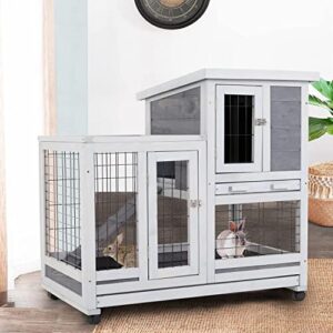 Rabbit Hutch Indoor and Outdoor Rabbit Cage 37 Inch Wide Wooden Hutch House Guinea Pig Cage with Wheels Rolling Large Hutch Cage,Grey