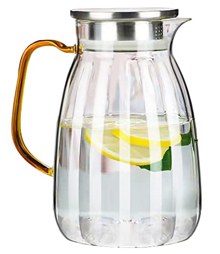 IDEALUX Glass Pitcher with Stainless Steel Filter Lid,Pumpkin Shape Glass Carafe Heat Resistant Borosilicate Water Carafe,Coffee, Tea & Lemonade Pitcher (58 OZ)