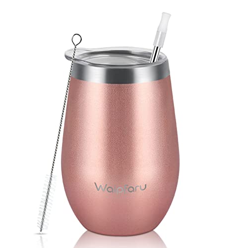 Waipfaru Wine Tumbler, 14 Oz Insulated Wine Tumbler With Lid and Straw, Stainless Steel Stemless Cup, Double Wall Vacuum Wine Tumbler for Wine Coffee Cocktails Champagne (Rose Gold)