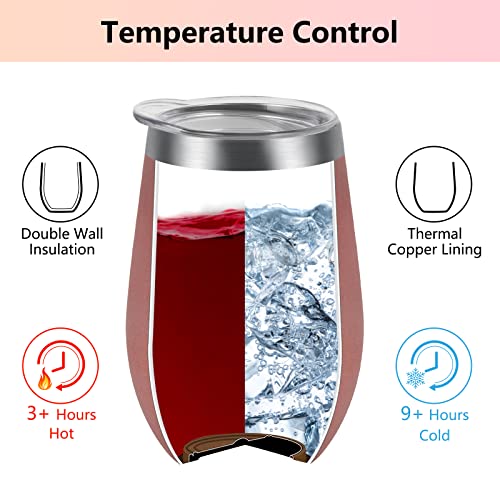 Waipfaru Wine Tumbler, 14 Oz Insulated Wine Tumbler With Lid and Straw, Stainless Steel Stemless Cup, Double Wall Vacuum Wine Tumbler for Wine Coffee Cocktails Champagne (Rose Gold)