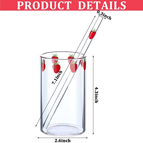 300ML Glass Cup with Straw, Clear Heat-Proof Water Cup Cute Strawberry Pattern Glasses Bottle for Water Milk Tea Home Office(1pcs)