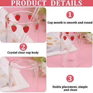 300ML Glass Cup with Straw, Clear Heat-Proof Water Cup Cute Strawberry Pattern Glasses Bottle for Water Milk Tea Home Office(1pcs)