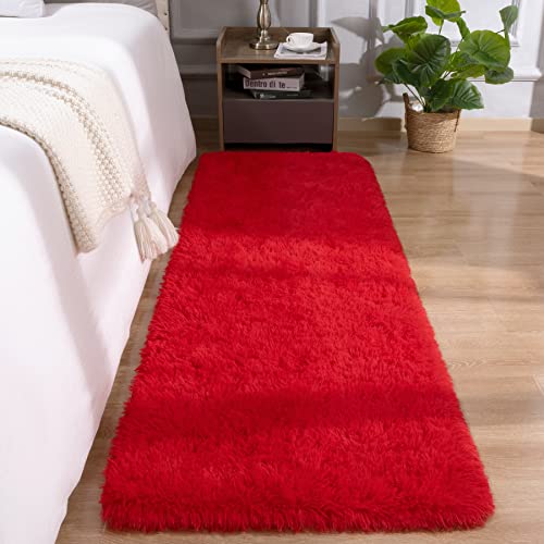 DETUM Red Rug 2x6 Feet - Fluffy Red Runner Rugs for Bedroom Shaggy 2' X 6' Living Room Rug Soft Rugs for Kids Room Non-Slip Nursery Office Dorm Washable Carpets Home Decor