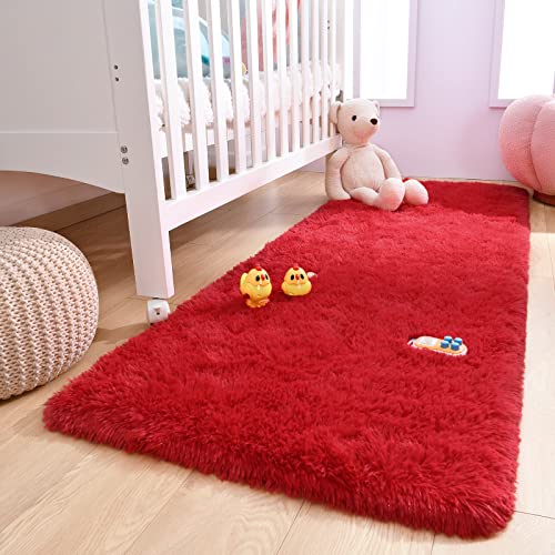 DETUM Red Rug 2x6 Feet - Fluffy Red Runner Rugs for Bedroom Shaggy 2' X 6' Living Room Rug Soft Rugs for Kids Room Non-Slip Nursery Office Dorm Washable Carpets Home Decor