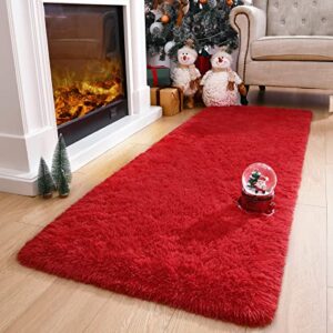 DETUM Red Rug 2x6 Feet - Fluffy Red Runner Rugs for Bedroom Shaggy 2' X 6' Living Room Rug Soft Rugs for Kids Room Non-Slip Nursery Office Dorm Washable Carpets Home Decor