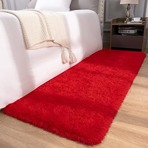 DETUM Red Rug 2x6 Feet - Fluffy Red Runner Rugs for Bedroom Shaggy 2' X 6' Living Room Rug Soft Rugs for Kids Room Non-Slip Nursery Office Dorm Washable Carpets Home Decor