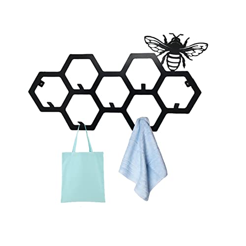 Bee Coat Rack Wall Mounted, Bee Decor, Bee with Honeycomb Metal Art Wall Decor, Bee Key Rack Beehive Wall Rack for Hanging Hats Keys Towels Jewelry Necklace and More, 16.5 x 8.9 x 1.37 Inches