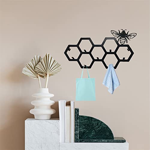 Bee Coat Rack Wall Mounted, Bee Decor, Bee with Honeycomb Metal Art Wall Decor, Bee Key Rack Beehive Wall Rack for Hanging Hats Keys Towels Jewelry Necklace and More, 16.5 x 8.9 x 1.37 Inches