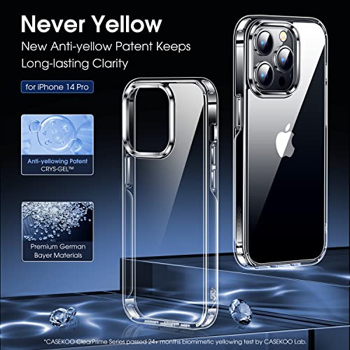 CASEKOO Upgraded Crystal Clear iPhone 14 Pro Case, [Never Yellow] [Exceed Mil-Grade Protection] Transparent Cover for Women Men Slim iPhone 14 Pro Phone Case 6.1 in, Clear