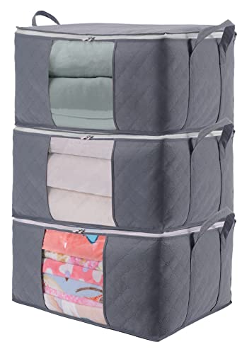 Yatide Closet Organizers and Storage,3 Pack Large Under Bed Storage Organizer, Foldable Clothing Storage Bins with Reinforced Handle for Comforters, Clothing, Bedding (Large Gray)