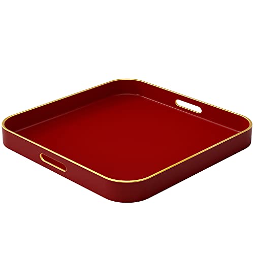 American Atelier Red Serving Tray with Gold Trimming | Square Serving Tray with Handles | Trays for Serving Food, Coffee, Tea, and More | Classic Coffee Table Tray in Red