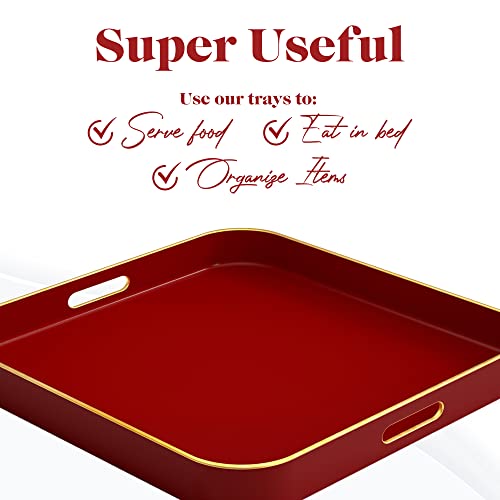 American Atelier Red Serving Tray with Gold Trimming | Square Serving Tray with Handles | Trays for Serving Food, Coffee, Tea, and More | Classic Coffee Table Tray in Red