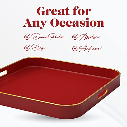 American Atelier Red Serving Tray with Gold Trimming | Square Serving Tray with Handles | Trays for Serving Food, Coffee, Tea, and More | Classic Coffee Table Tray in Red