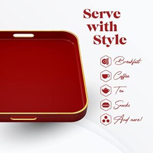 American Atelier Red Serving Tray with Gold Trimming | Square Serving Tray with Handles | Trays for Serving Food, Coffee, Tea, and More | Classic Coffee Table Tray in Red