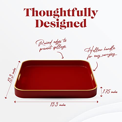 American Atelier Red Serving Tray with Gold Trimming | Square Serving Tray with Handles | Trays for Serving Food, Coffee, Tea, and More | Classic Coffee Table Tray in Red