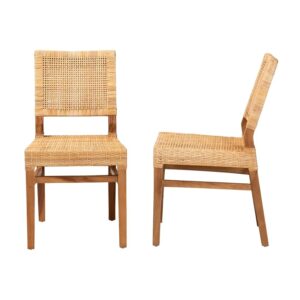 Baxton Studio Lesia Modern Brown Rattan and Brown Wood 2-Piece Dining Chair Set