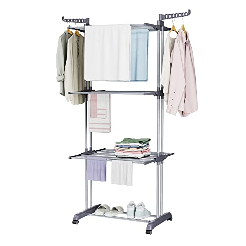 Clothes Drying Rack, Innotic Folding 4-Tier Laundry Stainless Steel Drying Rack with 2 Adjustable Side Wings, Space Saving Free-Standing Laundry Stand for Towels, Clothes, Shoes, Quilts(Gray)