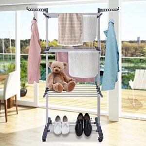 Clothes Drying Rack, Innotic Folding 4-Tier Laundry Stainless Steel Drying Rack with 2 Adjustable Side Wings, Space Saving Free-Standing Laundry Stand for Towels, Clothes, Shoes, Quilts(Gray)