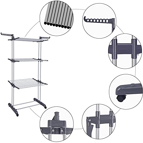 Clothes Drying Rack, Innotic Folding 4-Tier Laundry Stainless Steel Drying Rack with 2 Adjustable Side Wings, Space Saving Free-Standing Laundry Stand for Towels, Clothes, Shoes, Quilts(Gray)