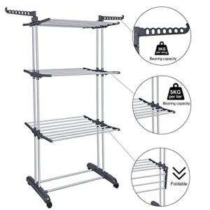 Clothes Drying Rack, Innotic Folding 4-Tier Laundry Stainless Steel Drying Rack with 2 Adjustable Side Wings, Space Saving Free-Standing Laundry Stand for Towels, Clothes, Shoes, Quilts(Gray)