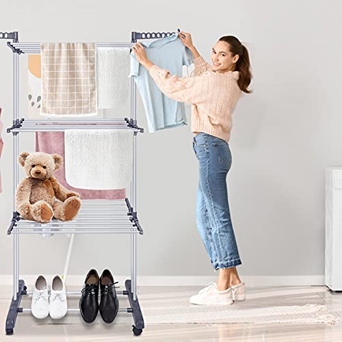 Clothes Drying Rack, Innotic Folding 4-Tier Laundry Stainless Steel Drying Rack with 2 Adjustable Side Wings, Space Saving Free-Standing Laundry Stand for Towels, Clothes, Shoes, Quilts(Gray)