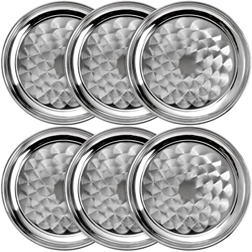 ZEAYEA 6 Pack Stainless Steel Round Tray, 12 Inch Bar Serving Tray with Swirl Pattern, Silver Display Serving Platter, Round Metal Tray for Coffee Table, Party, Club, Home, Ottoman