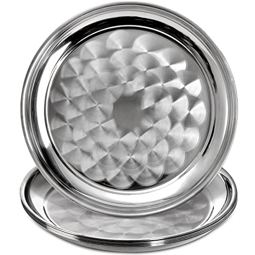 ZEAYEA 6 Pack Stainless Steel Round Tray, 12 Inch Bar Serving Tray with Swirl Pattern, Silver Display Serving Platter, Round Metal Tray for Coffee Table, Party, Club, Home, Ottoman