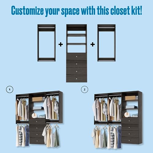 Closet Kit with Hanging Rods, Shelves & Drawers - Corner Closet System - Closet Shelves - Closet Organizers and Storage Shelves (Grey, 90 inches Wide) Closet Shelving