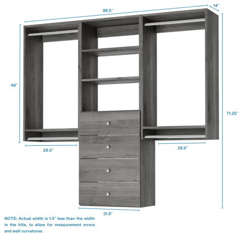 Closet Kit with Hanging Rods, Shelves & Drawers - Corner Closet System - Closet Shelves - Closet Organizers and Storage Shelves (Grey, 90 inches Wide) Closet Shelving