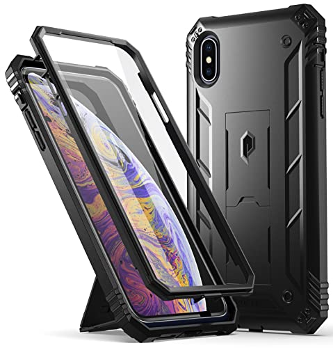 Poetic Revolution Series Case for iPhone Xs Max 6.5 inch, Full-Body Rugged Dual-Layer Shockproof Protective Cover with Kickstand and Built-in-Screen Protector, Black