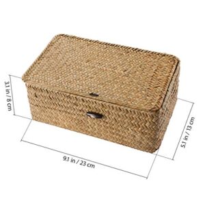 Seaweed Baskets with Lids: Seagrass Storage Woven Basket Straw Desktop Rattan 9 inch Hand- Woven Storage Basket Bins Container Organizer for Shelf Desktop Home Decor