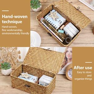 Seaweed Baskets with Lids: Seagrass Storage Woven Basket Straw Desktop Rattan 9 inch Hand- Woven Storage Basket Bins Container Organizer for Shelf Desktop Home Decor