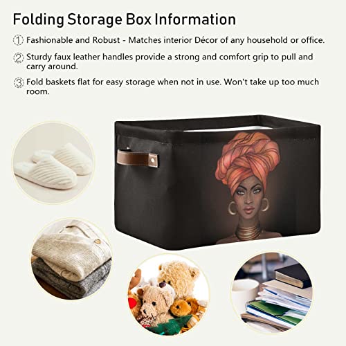 Wusikd African American Woman Storage Basket Set of 1 Large Fabric Pretty Gir Storage Basket Bins Box Cube with Handles Collapsible Closet Shelf Clothes Organizer Basket for Nursery Bedroom