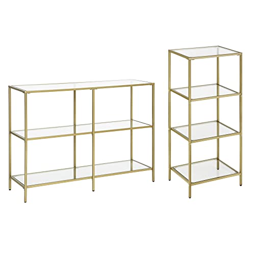 VASAGLE Modern 4-Tier Shelving Unit and 3-Tier Console Table Bundle, Modern Shelves with Tempered Glass, for Living Room, Entryway, Golden ULGT27G and ULGT28G