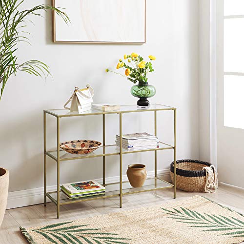 VASAGLE Modern 4-Tier Shelving Unit and 3-Tier Console Table Bundle, Modern Shelves with Tempered Glass, for Living Room, Entryway, Golden ULGT27G and ULGT28G