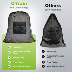 OTraki Mesh Laundry Bags with Adjustable Shoulder Straps Handle 28 x 36 inch Large Heavy Duty Laundry Backpack Drawstring Soccer Ball Bag for Gym Sports Equipment Beach College Dorm Travel Camp Black